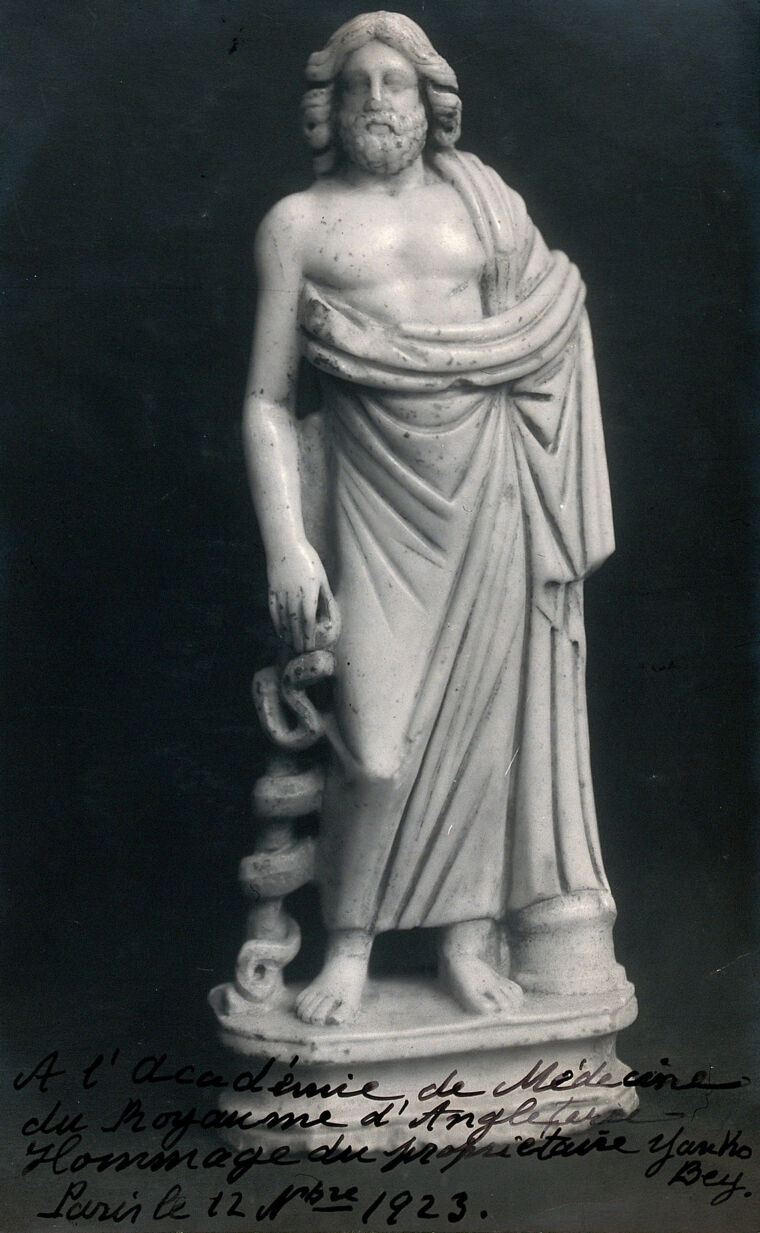 Aesculapius: the Greek god of healing. Photograph, ca. 1923, of a white ...