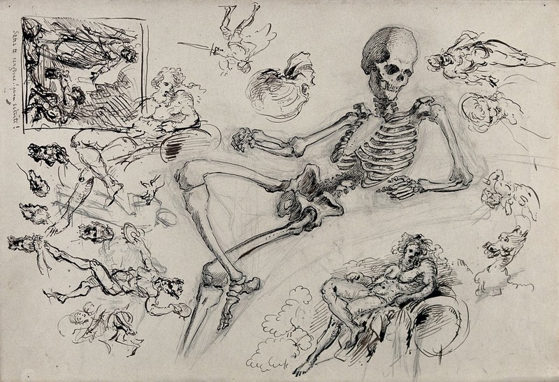 A skeleton in the pose of a classical river god surrounded by several ...