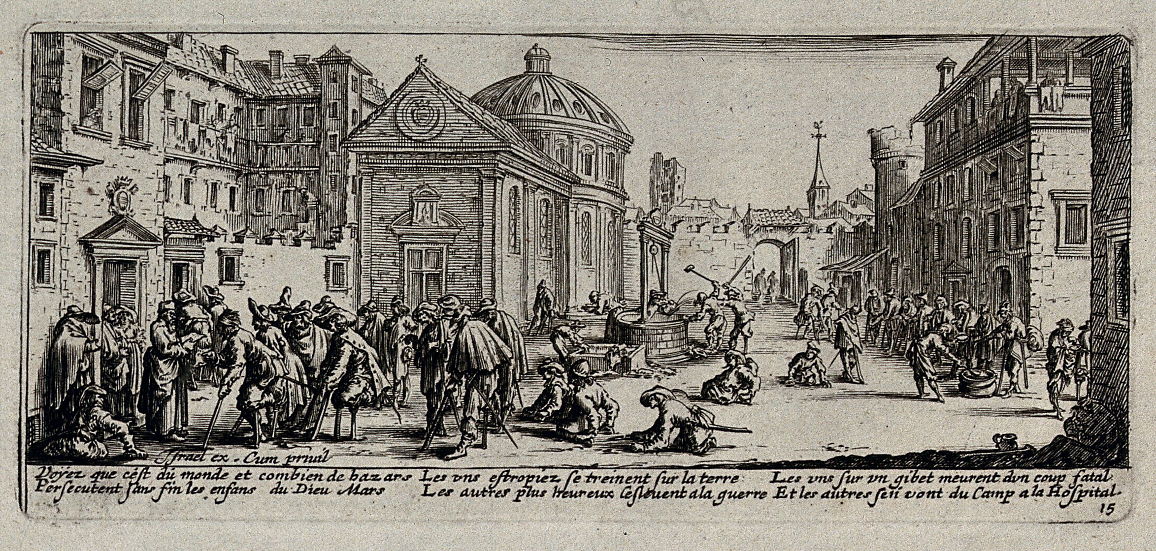 Maimed soldiers dragging themselves to a hospital. Etching, 1730, after ...