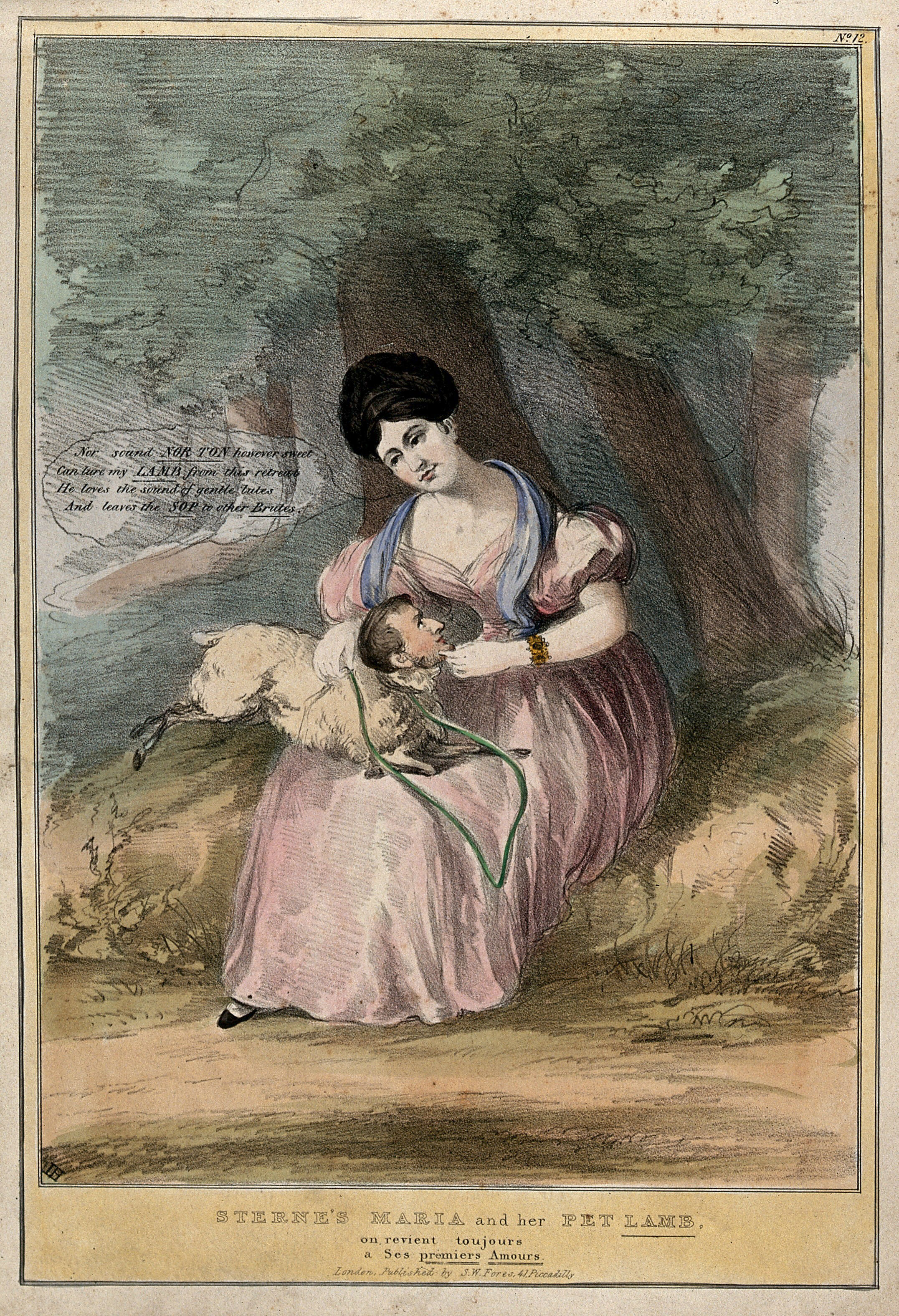 A woman as Maria holds a pet lamb in her lap; representing Caroline ...