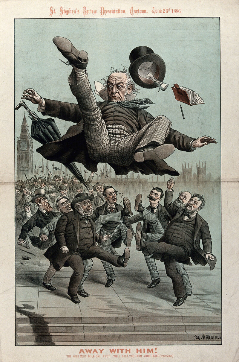 Men kicking Gladstone, the Home Rule bill is flying in the air; Big Ben ...